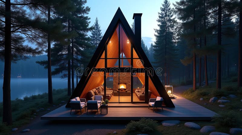 Modern a Frame Cabin Forest Setting Large Glass Stock Illustration ...
