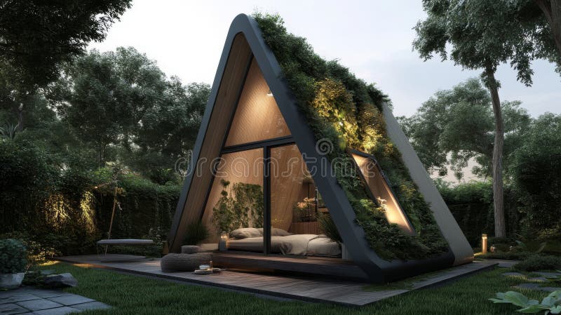Modern a-Frame House with Green Roof and Nighttime Illumination Stock ...