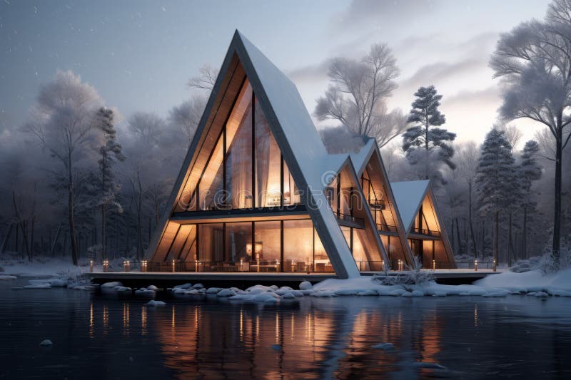 A Modern a Frame House on a Lake in the Snowy Forest Stock Image ...