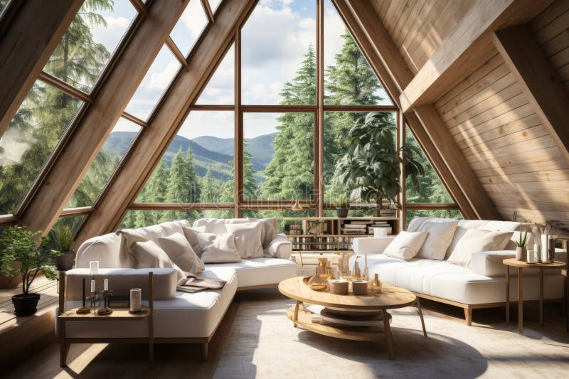 Modern a-frame Living Room with Forest View Stock Photo - Image of lush ...