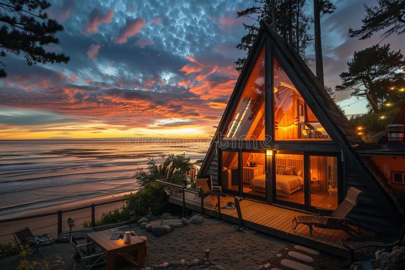 Modern a Frame Vacation Rental House on Ocean with Dramatic Sunset Sky ...