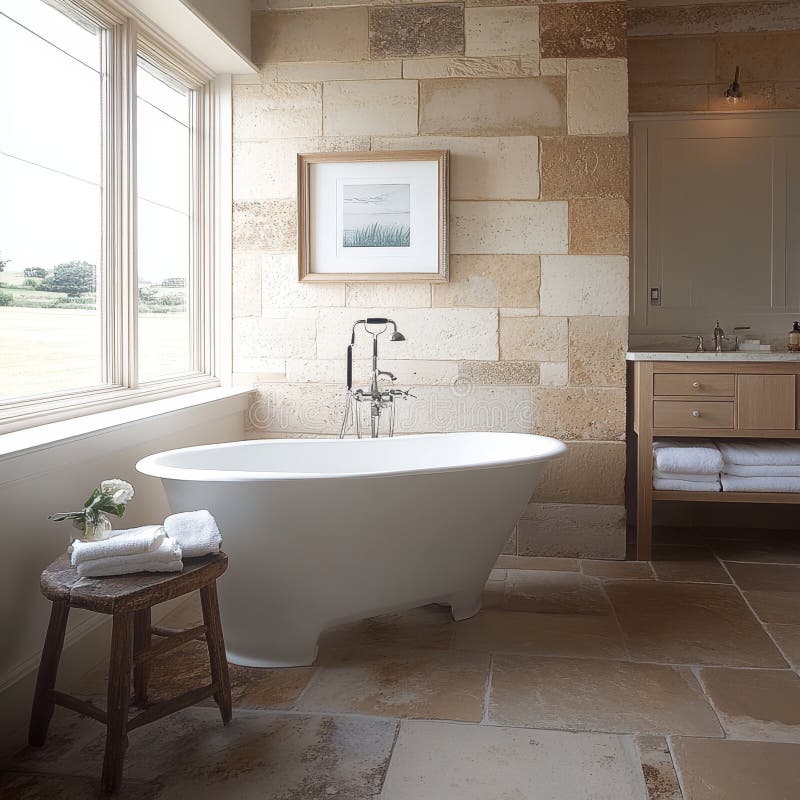 Modern Freestanding Bathtub in a Bathroom with Stone Wall, Large Window ...