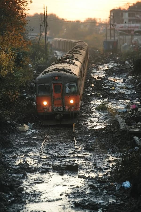 Modern Freight Train Derailed in a Disaster Scene during Sunset Near a ...