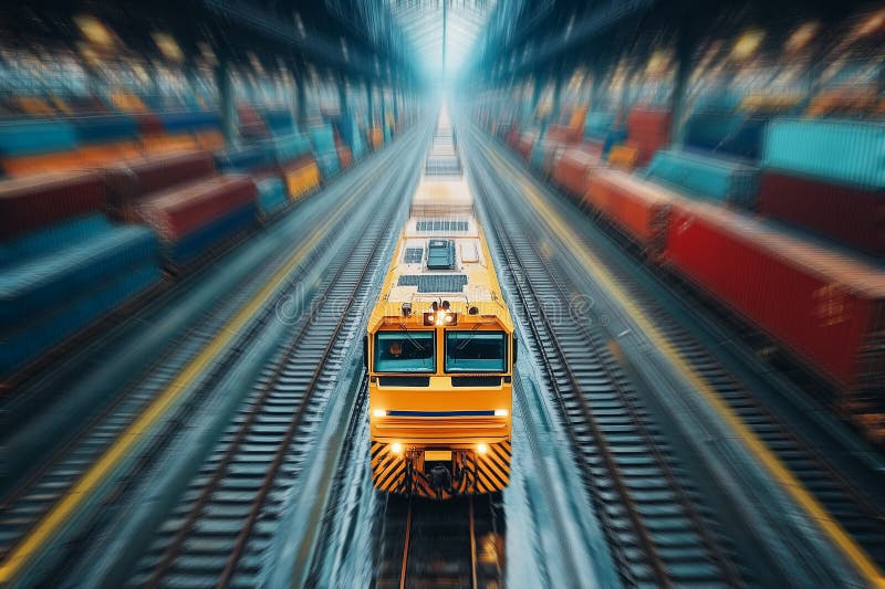 Modern Freight Train Moving through Container Terminal, Symbolizing ...