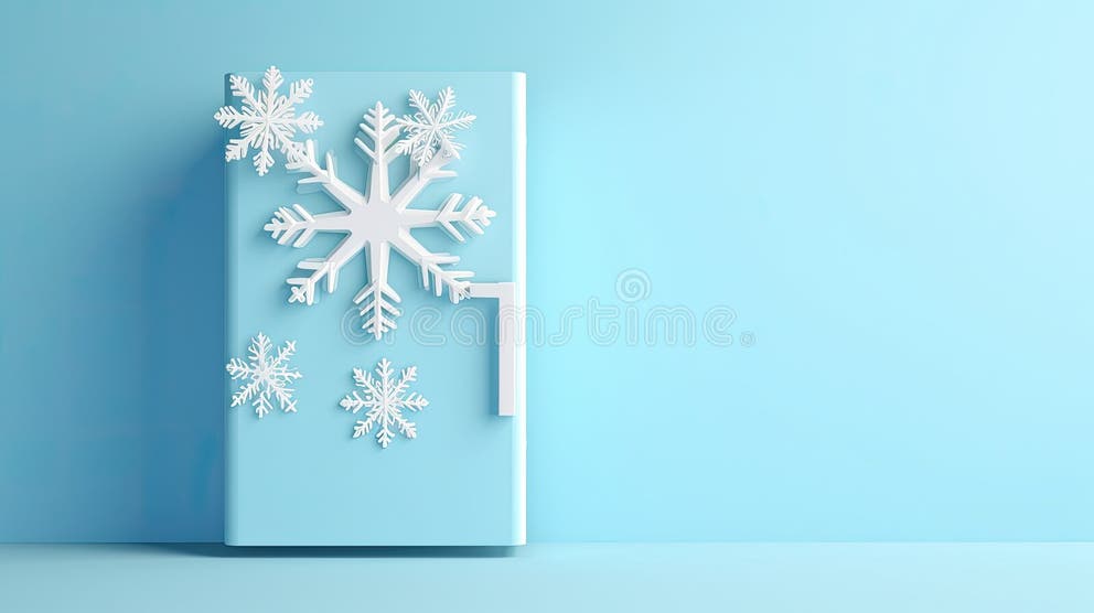 Modern Fridge and Flying Snowflake on Light Blue Background Stock ...
