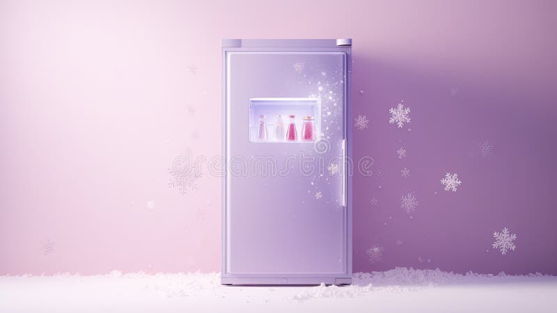 Modern Fridge and Flying Snowflake on Light Blue Background Stock Image ...