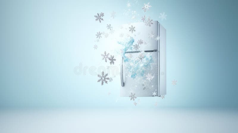 Modern Fridge and Flying Snowflake on Light Blue Background Stock Image ...