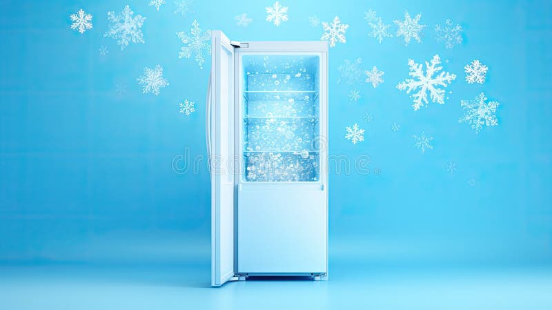 Modern Fridge and Flying Snowflake on Light Blue Background Stock Photo ...