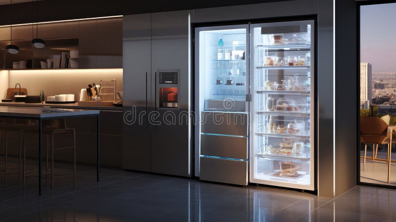 Modern fridge in kitchen stock illustration. Illustration of efficiency ...
