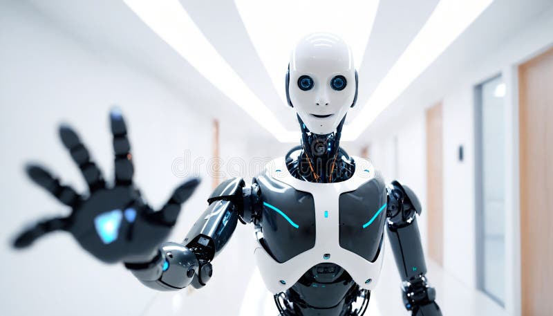 A Modern Friendly Robot with Artificial Intelligence Greets by Raising Its Hand and Saying Hello ...