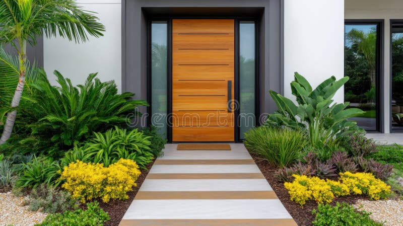 Modern Front Door with Tropical Landscaping Design Stock Illustration ...