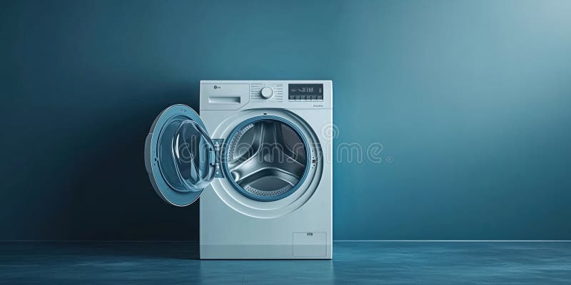 Modern Front-loading Washing Machine with Open Door Against Blue Wall ...