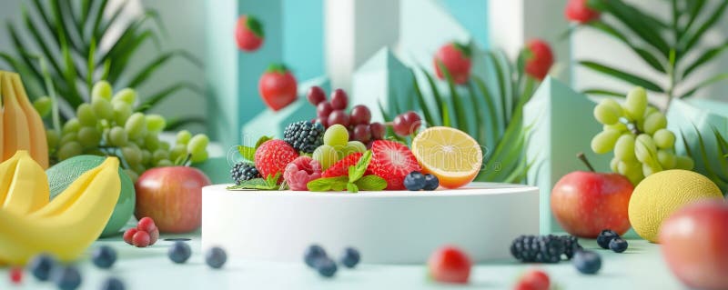 A Modern Fruit Podium Scene with a Sleek, White Podium Surrounded by a ...