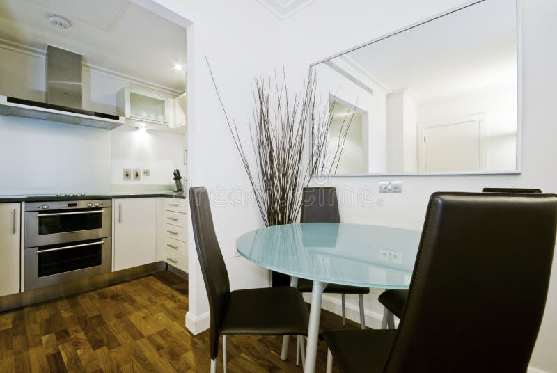 Fully Fitted Contemporary Kitchen in White Stock Image - Image of food ...