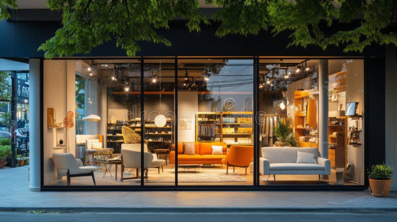 Modern Furniture Display in a Storefront Window at Night Stock ...