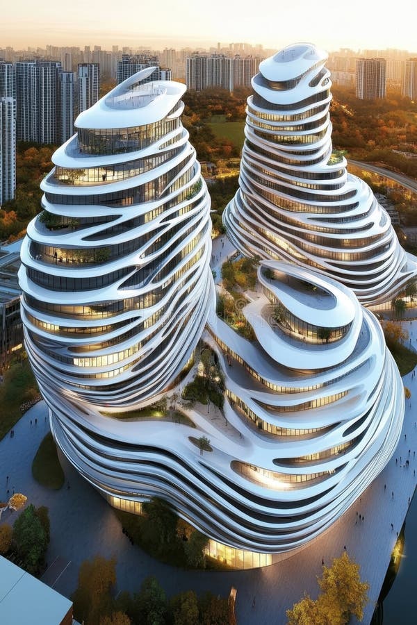 Modern Futuristic Architecture: Curved Urban Structures at Sunset ...