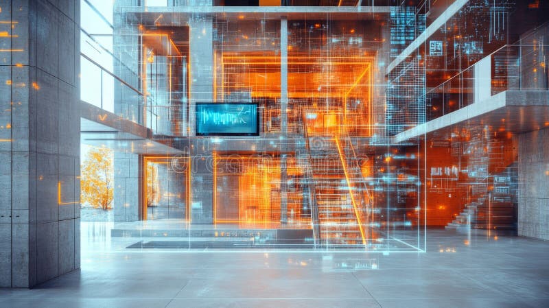 Modern Futuristic Building Digital Overlay Orange Blue Stock ...