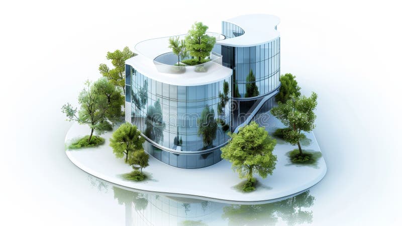 Modern, Futuristic Building with Green Trees and a White Background ...