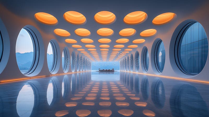 Modern Futuristic Corridor with Circular Windows, Illuminated Ceiling ...