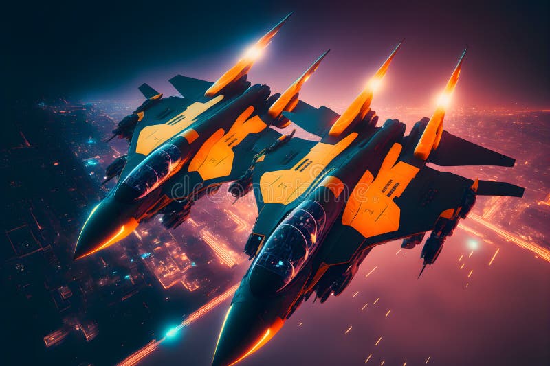 Modern Futuristic Destroyer Jet in Neon Glowing Light. Neural Network ...