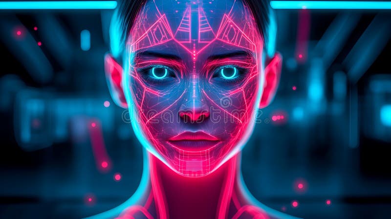Neon-lit Futuristic Face with Symmetrical Glowing Patterns and Digital ...