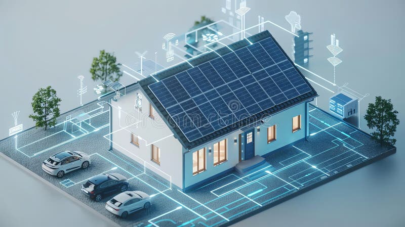 A Modern, Futuristic Home with Solar Panels on the Roof and a Smart ...