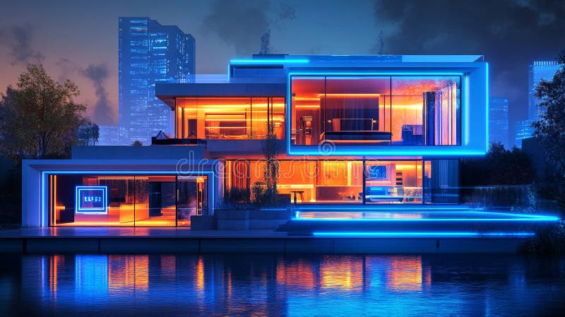 Modern Futuristic House with Blue and Orange Lighting at Night Stock ...