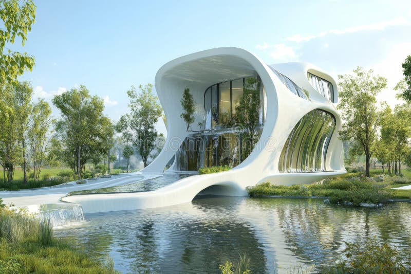 Modern Futuristic House with a Bridge and Water Feature Stock ...
