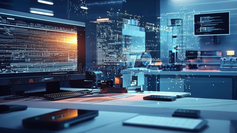 Modern Futuristic Laboratory Showing Programming Code On Computer