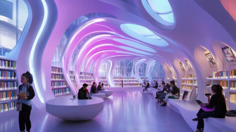 Modern Futuristic Library Interior Design with People Reading Stock ...