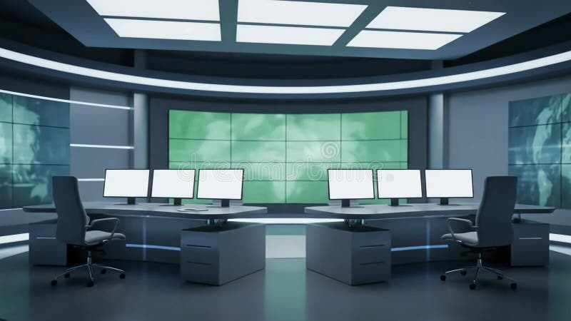 Modern and Futuristic News Studio Set with Multiple Monitors and ...