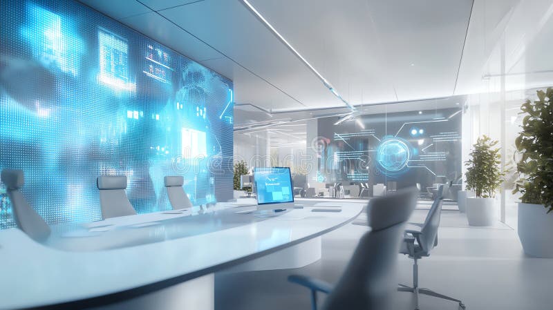 Modern Futuristic Office Interior with Advanced Technology Displays and ...