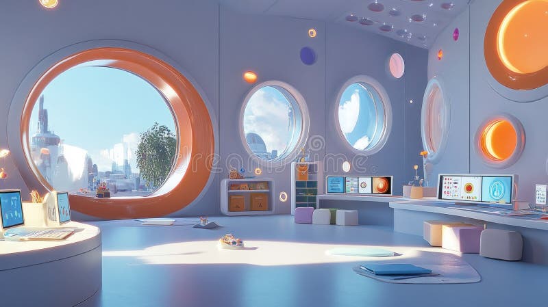 Modern Futuristic Office Interior with Large Circular Windows and Desk ...