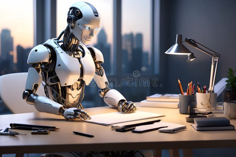 A Modern Futuristic Robot Writing on a Paper Stock Illustration ...