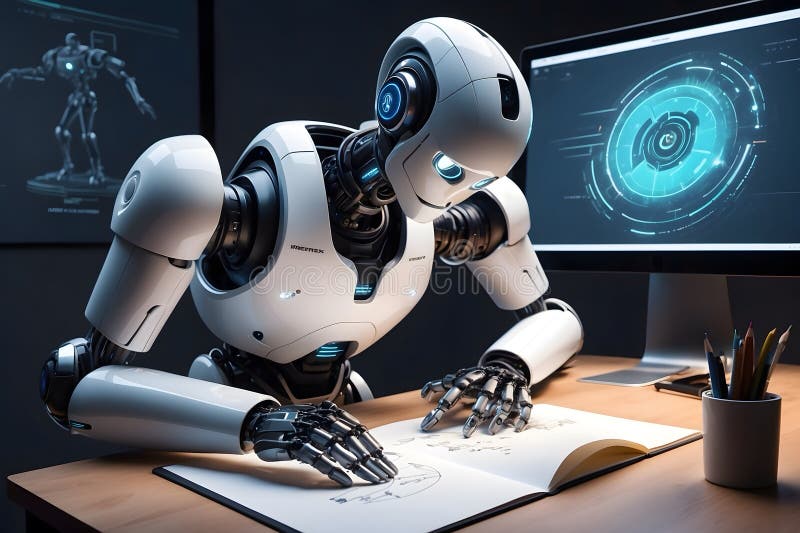 Robot Writing Notes at a Futuristic Desk Stock Photo - Image of ...