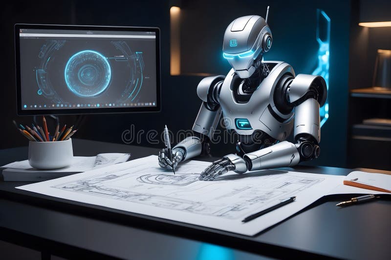 Robot Writing Notes at a Futuristic Desk Stock Photo - Image of ...