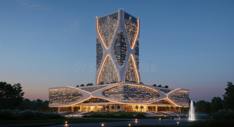 Modern Futuristic Skyscraper Illuminated at Dusk with Unique ...