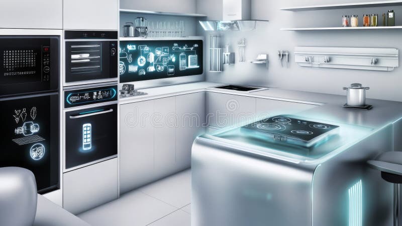Modern Futuristic Smart Kitchen with Holographic Interface Stock ...