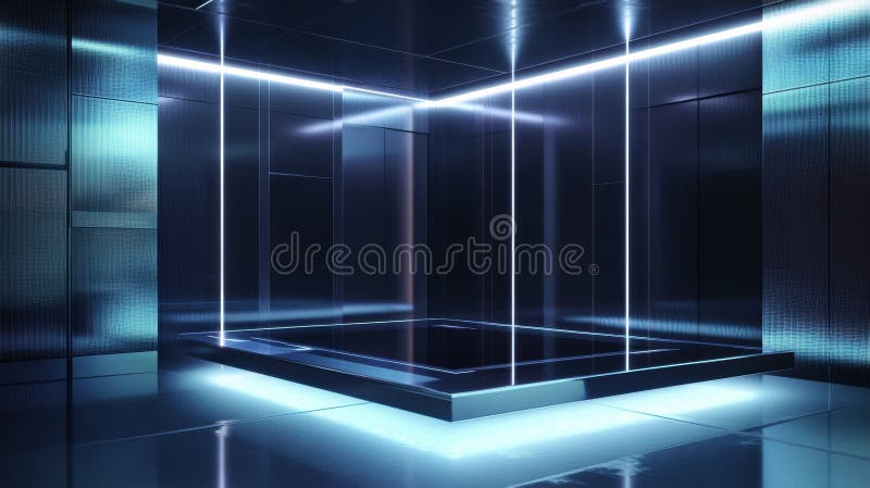 Modern Futuristic Space with Glowing Blue Lights and Reflective ...