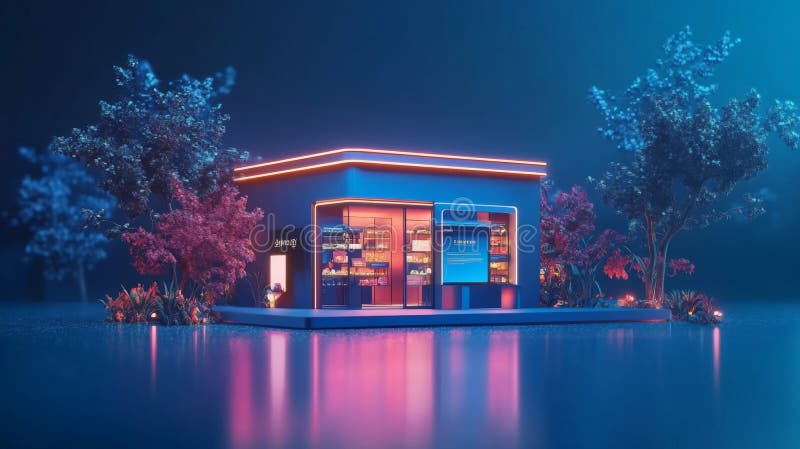 Modern Futuristic Store at Night with Neon Lights Stock Illustration ...