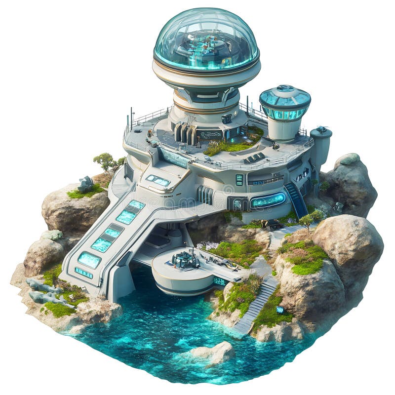 Modern, Futuristic Structure on a Rocky Island Setting Stock ...