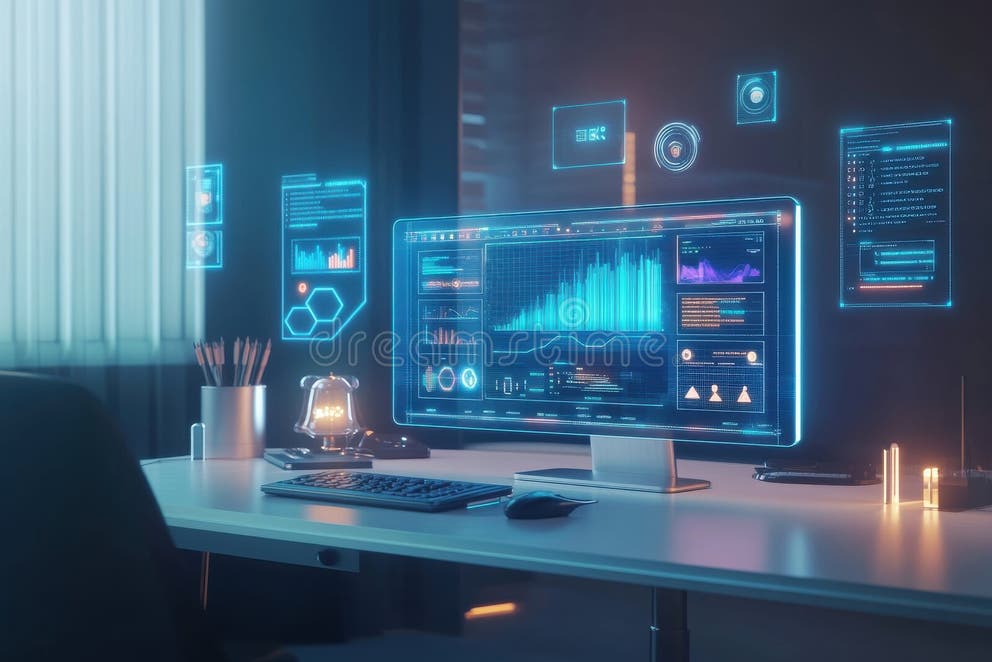 Modern Futuristic Technology Desktop Workspace Digital Interface Screen ...