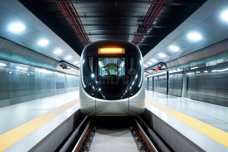 A Modern Futuristic Wagon Train Metro System at Base of Subway System ...