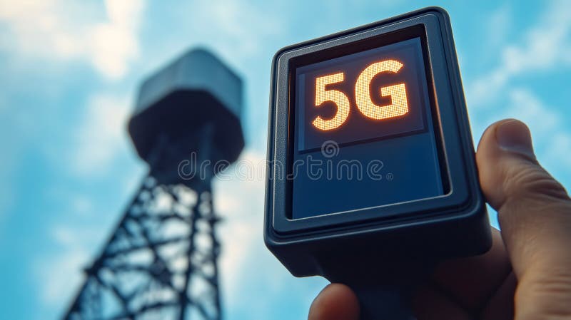 Modern 5G Network Technology Tower and Signal Device Against Blue Sky ...
