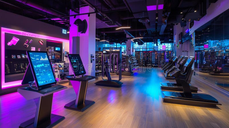 Modern Gadget Store with Interactive Displays, Glowing Sale Signs, and ...