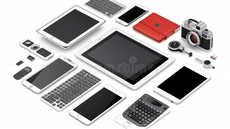 Modern Gadgets Like Tablets, Smartphones, Keyboards, and a Vintage ...