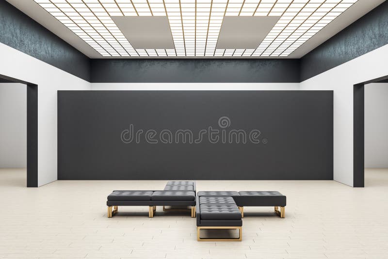 Modern Gallery Hall Interior with Empty Black Wall and Bench Stock ...