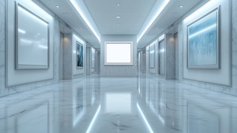 Modern Gallery Hallway with White Walls and Marble Flooring, Featuring ...