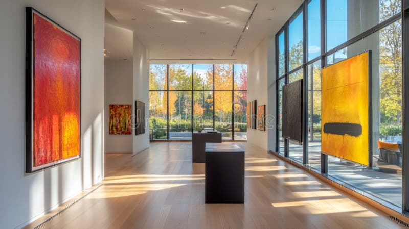 Modern Gallery Interior with Abstract Paintings and Natural Light Stock ...
