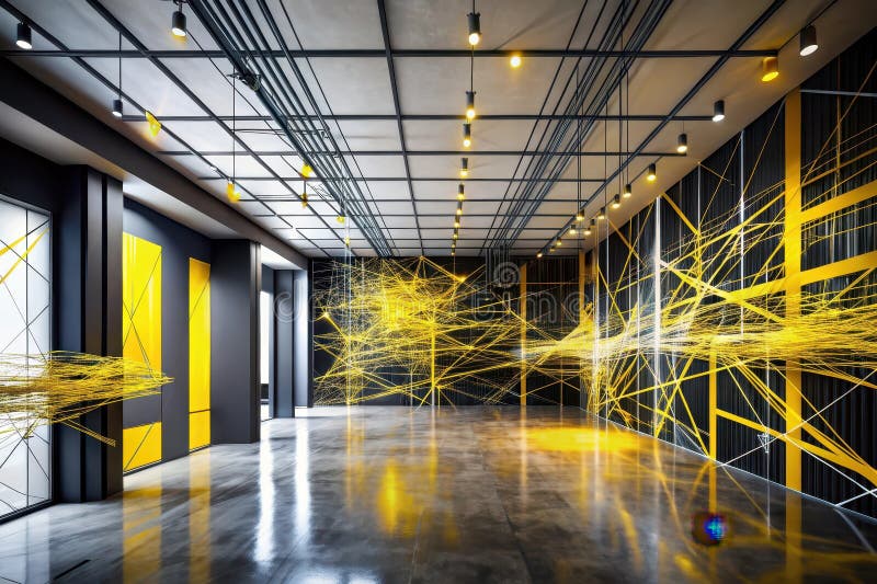 Modern Gallery Interior with Abstract Yellow and Black Wall Art ...